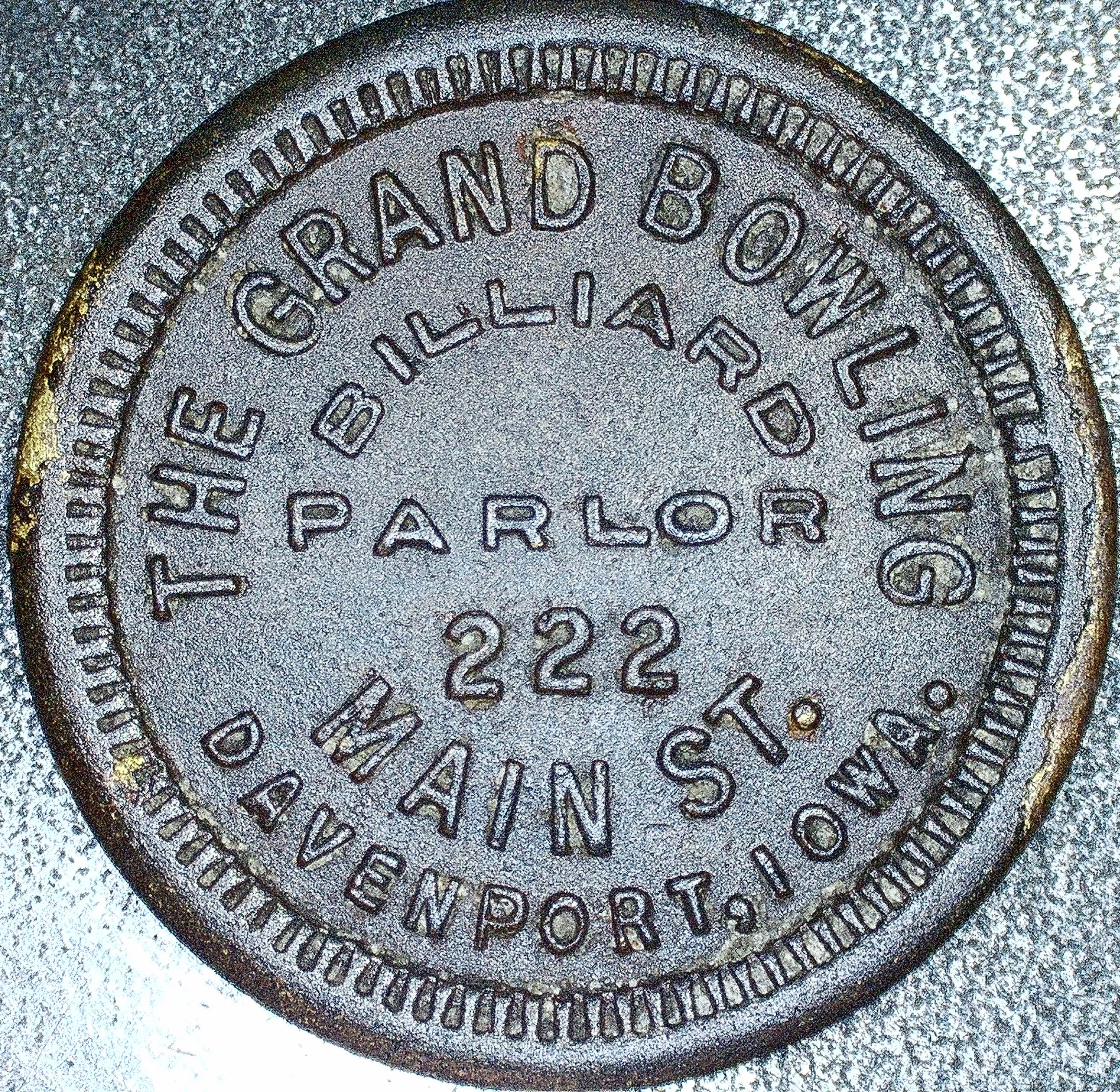 1926 Davenport, Iowa THE GRAND BOWLING BILLIARD PARLOR 2½¢ Token - For ...