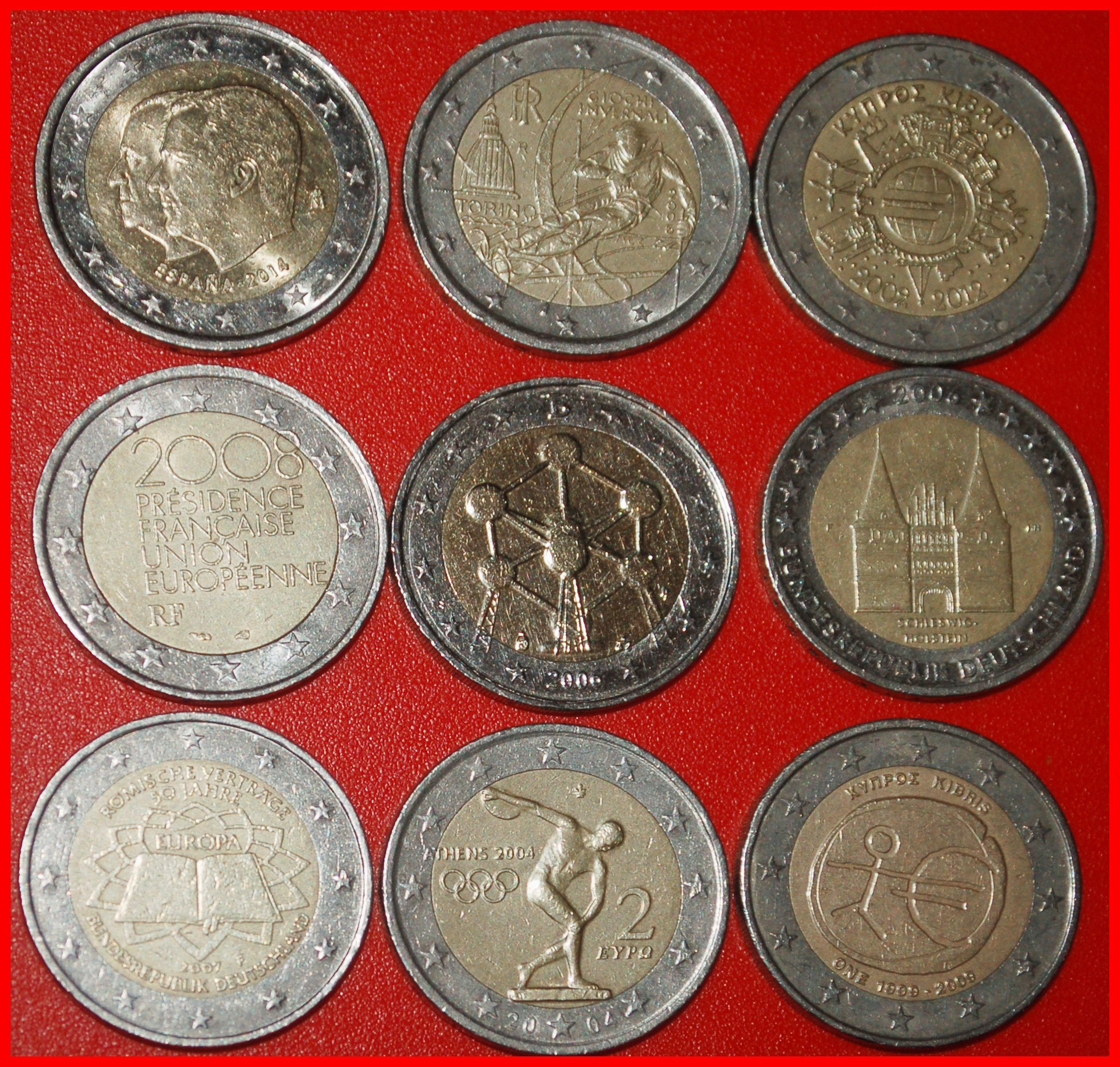 9 COMMEMORATIVE COINS: EUROPEAN UNION ★ 2 EUROS DIFFERENT TYPES 2004 ...