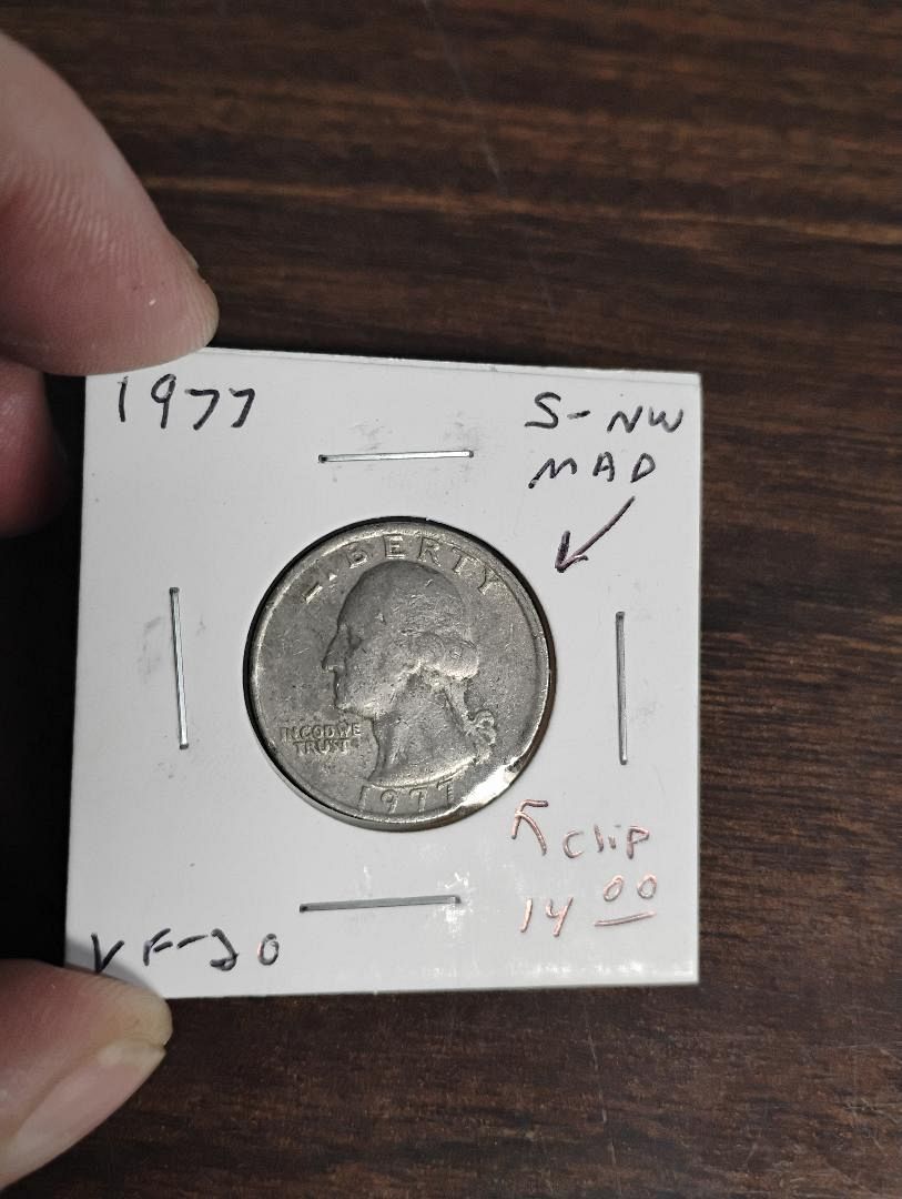 1977 WASHINGTON QUARTER MIS ALIGNED DIE OBVERSE & CLIP ERROR COIN VF-20 ...