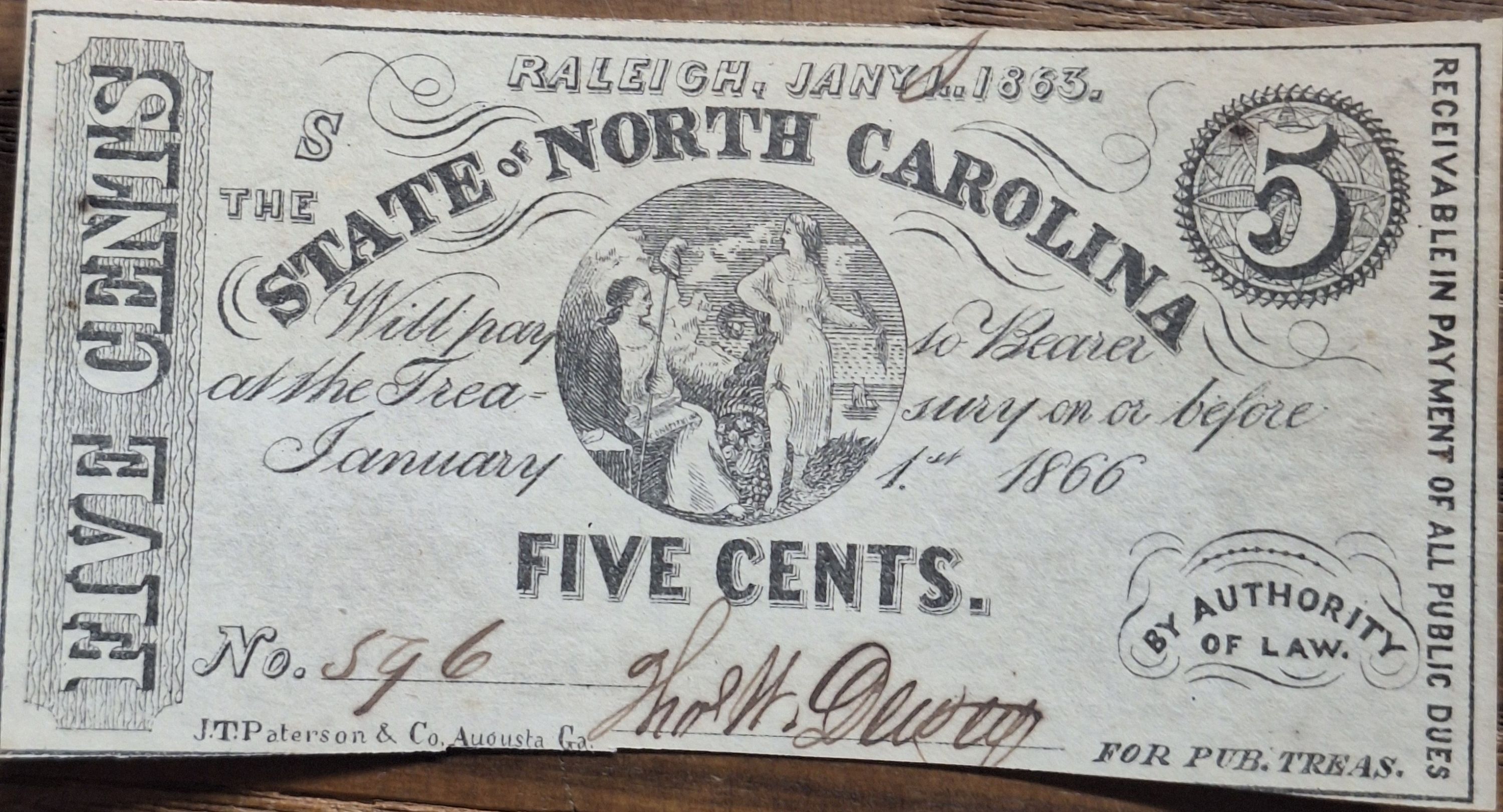 1865 CSA N.Carolina 5 Cent Note - For Sale, Buy Now Online - Item #953178