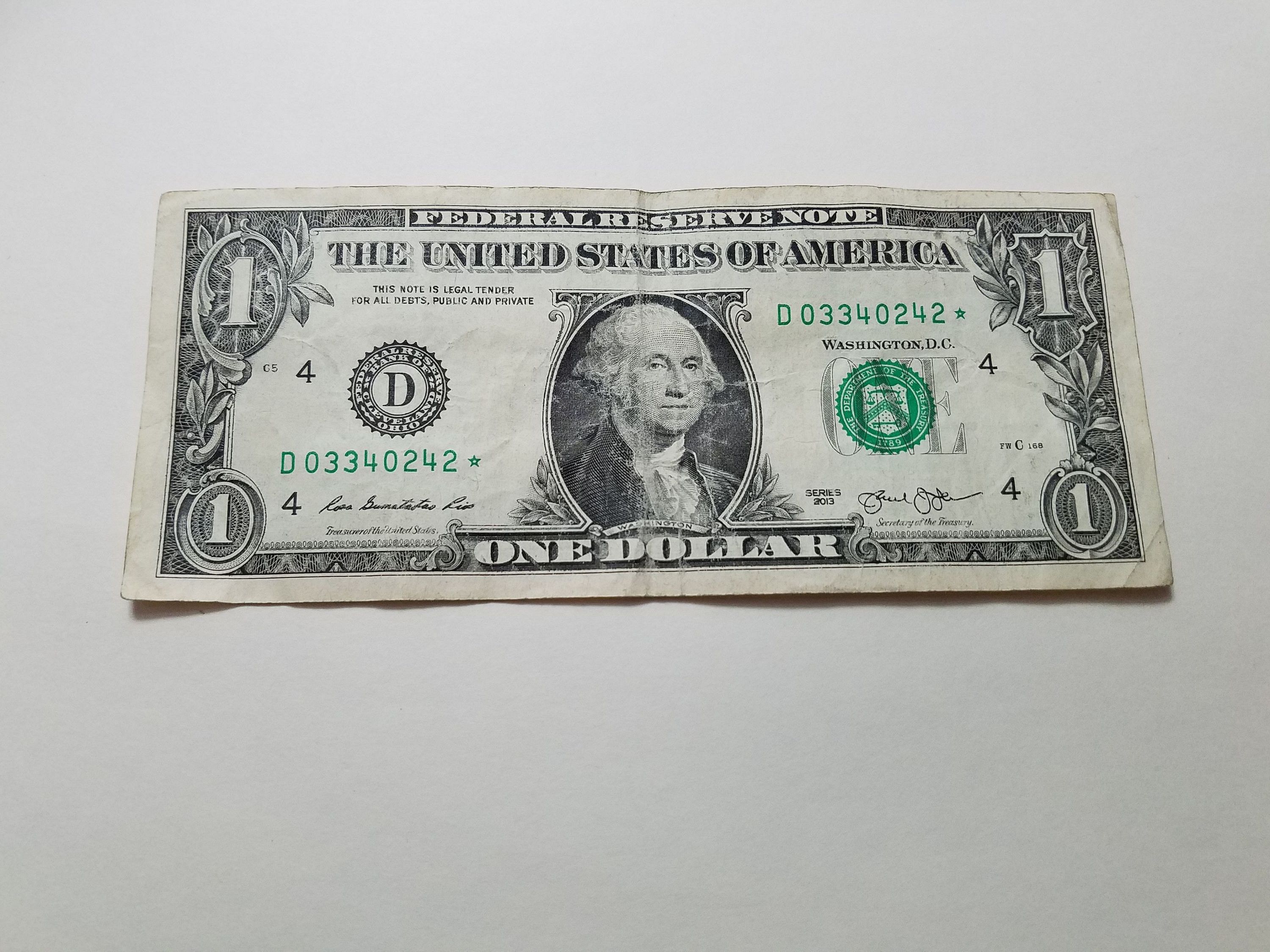 2013 $1 Federal Reserve Star Note One Dollar Fancy Serial Number Unique ...