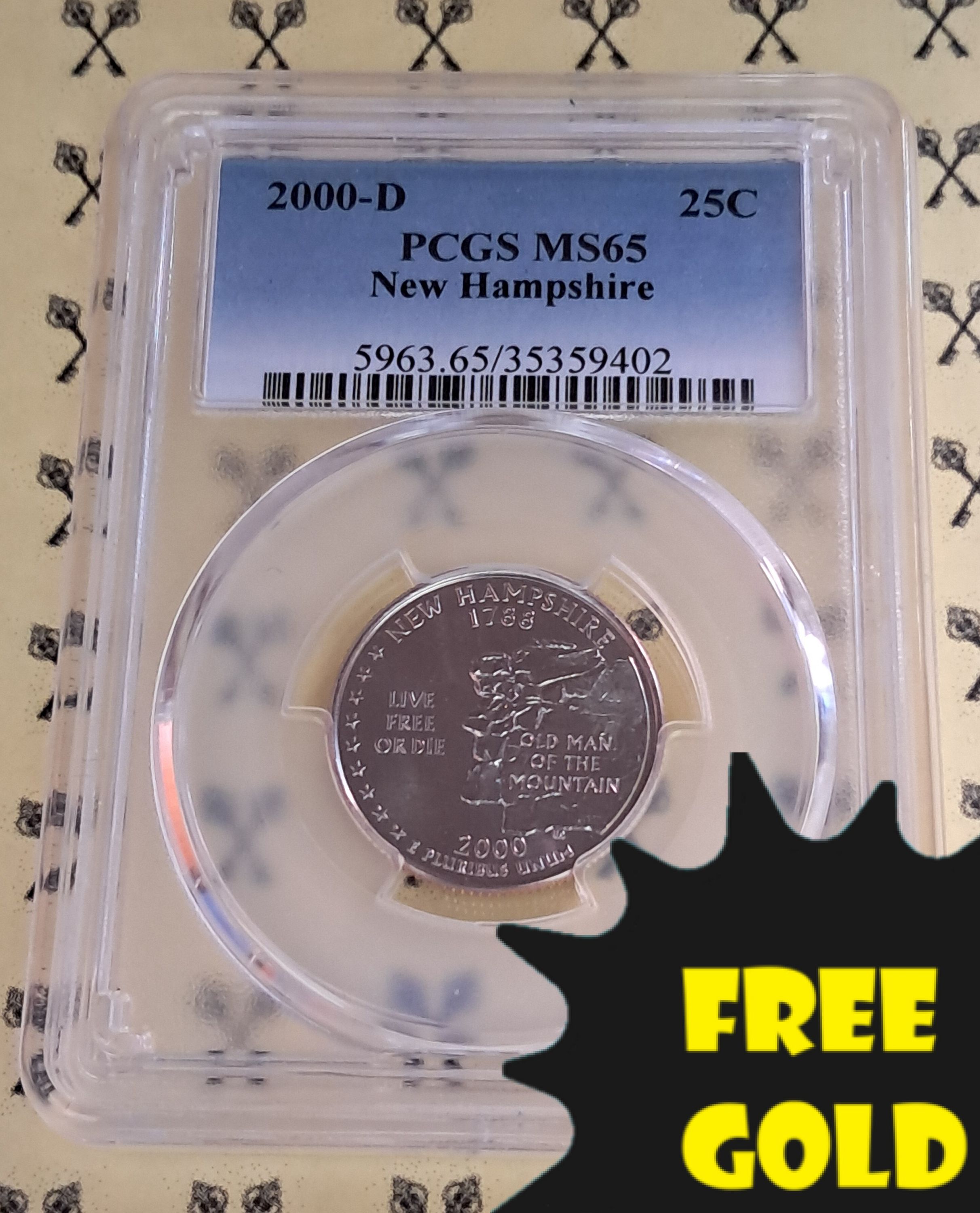 2000-D New Hampshire State Quarter PCGS MS 65 with FREE 1/4 GOLDBACK ...