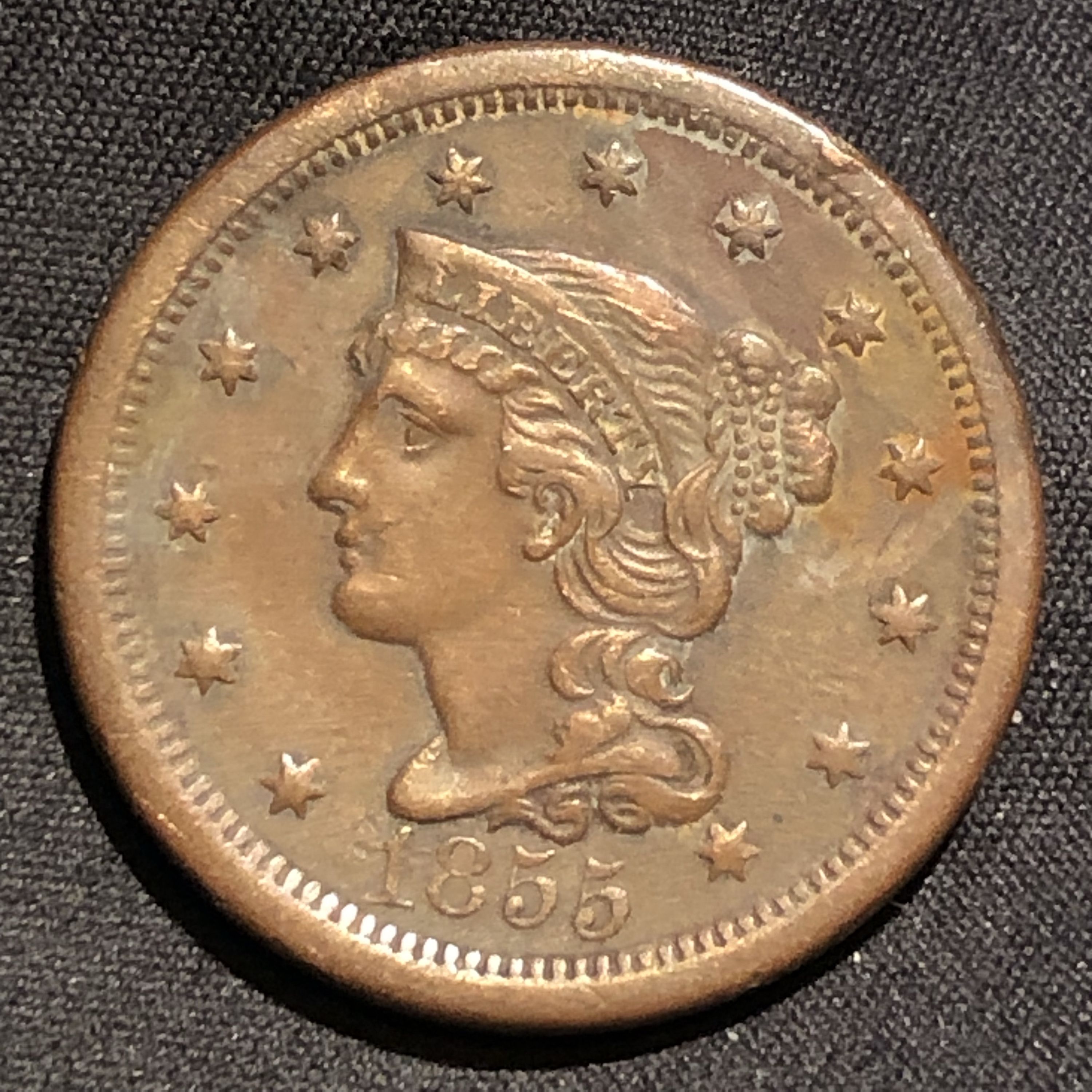1855-P Braided Hair Liberty Head Large Cent - Upright 5s - XF (Extra ...