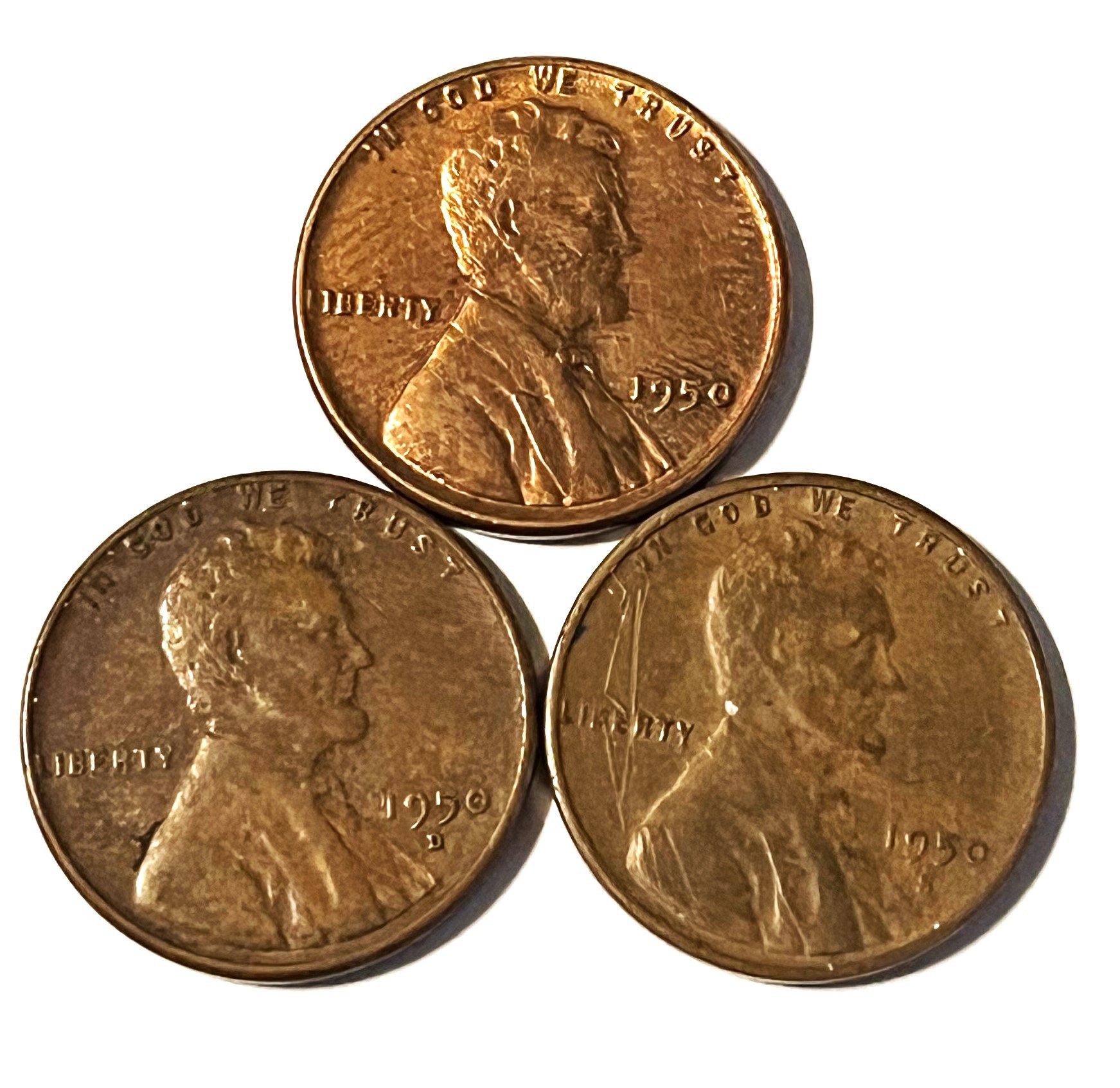 Lot of (3) Lincoln Wheat Cents Pennies: 1950-P 1950-D 1950-S - Very ...