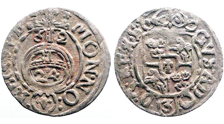 Elbing under Sweden, Gustav II Adolf AR19 19.6mm .61gm, 3 Polker 1632 ...