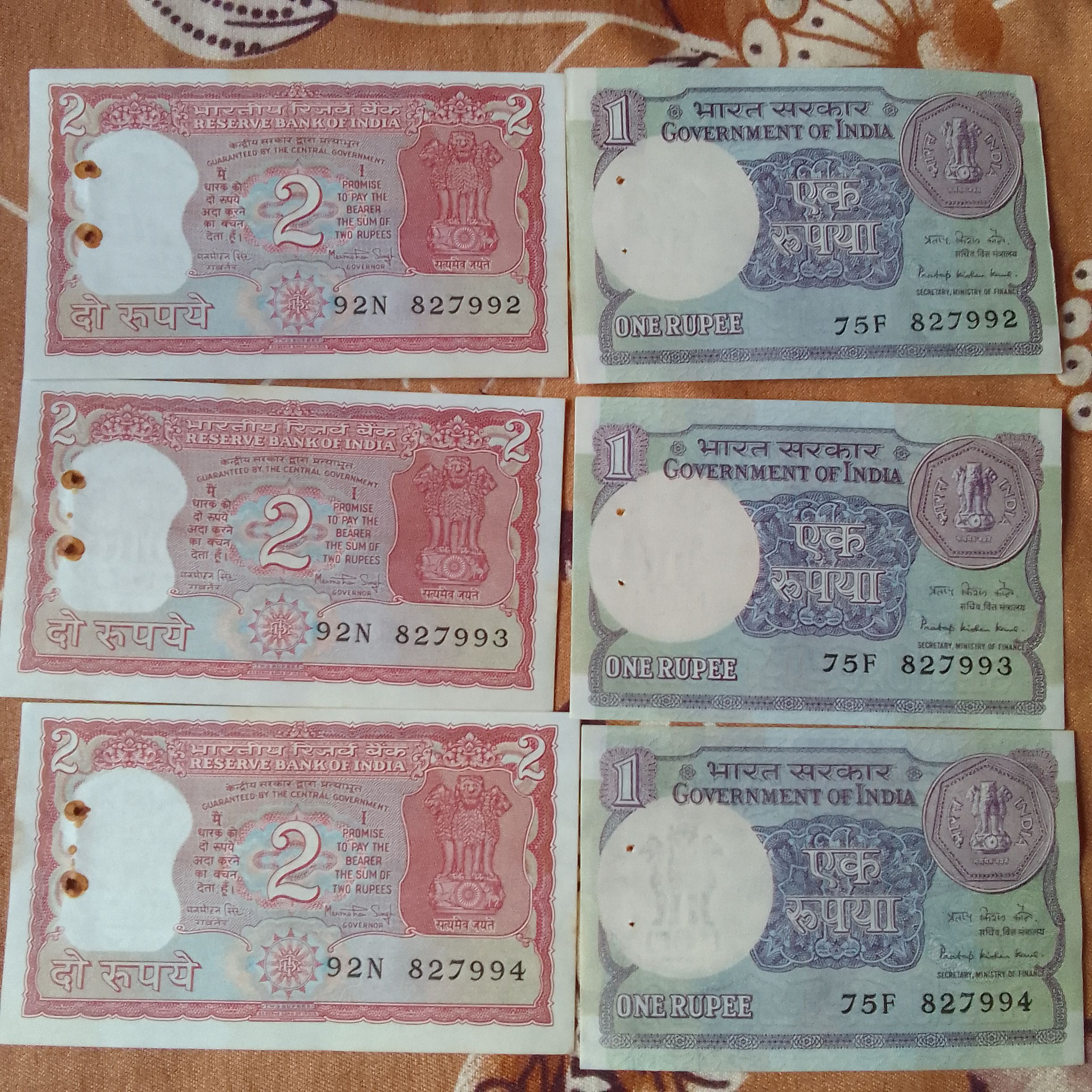 INDIA MATCHING PAIR 1& 2 RUPEE. SIX NOTES..see pictures.. - For Sale ...
