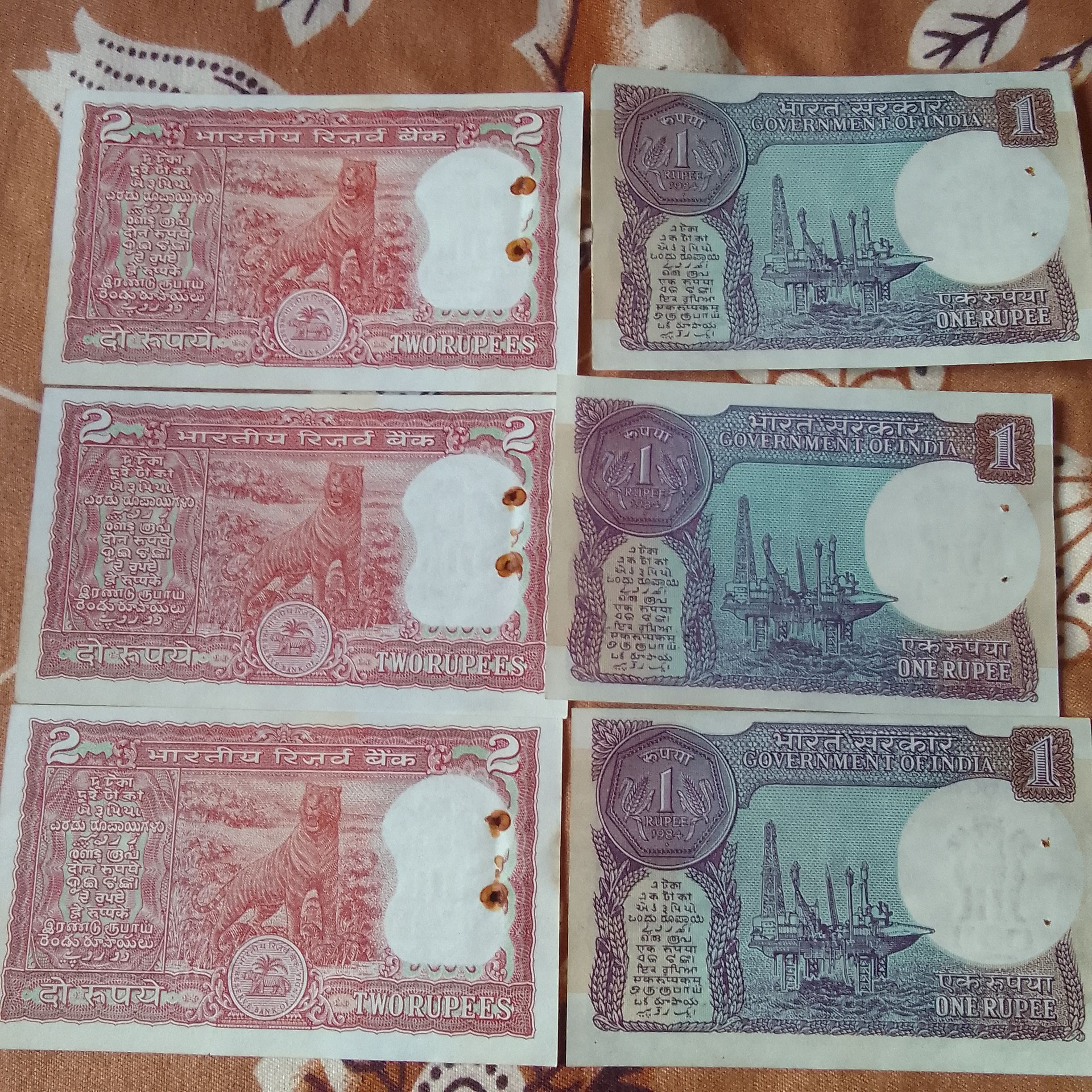 INDIA MATCHING PAIR 1& 2 RUPEE. SIX NOTES..see pictures.. - For Sale ...