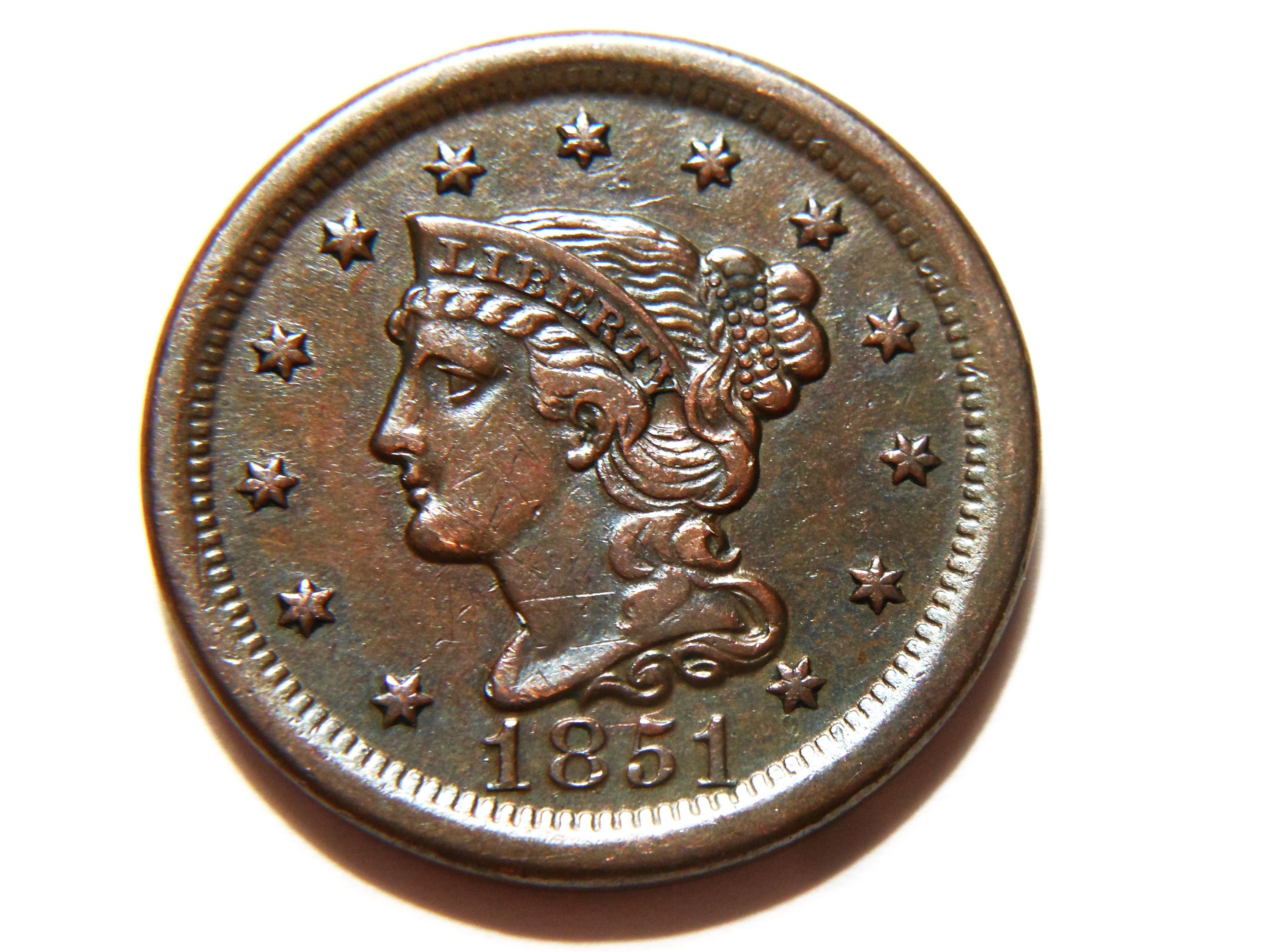 1851 Braided Hair Liberty Head Large Cent - For Sale, Buy Now Online ...
