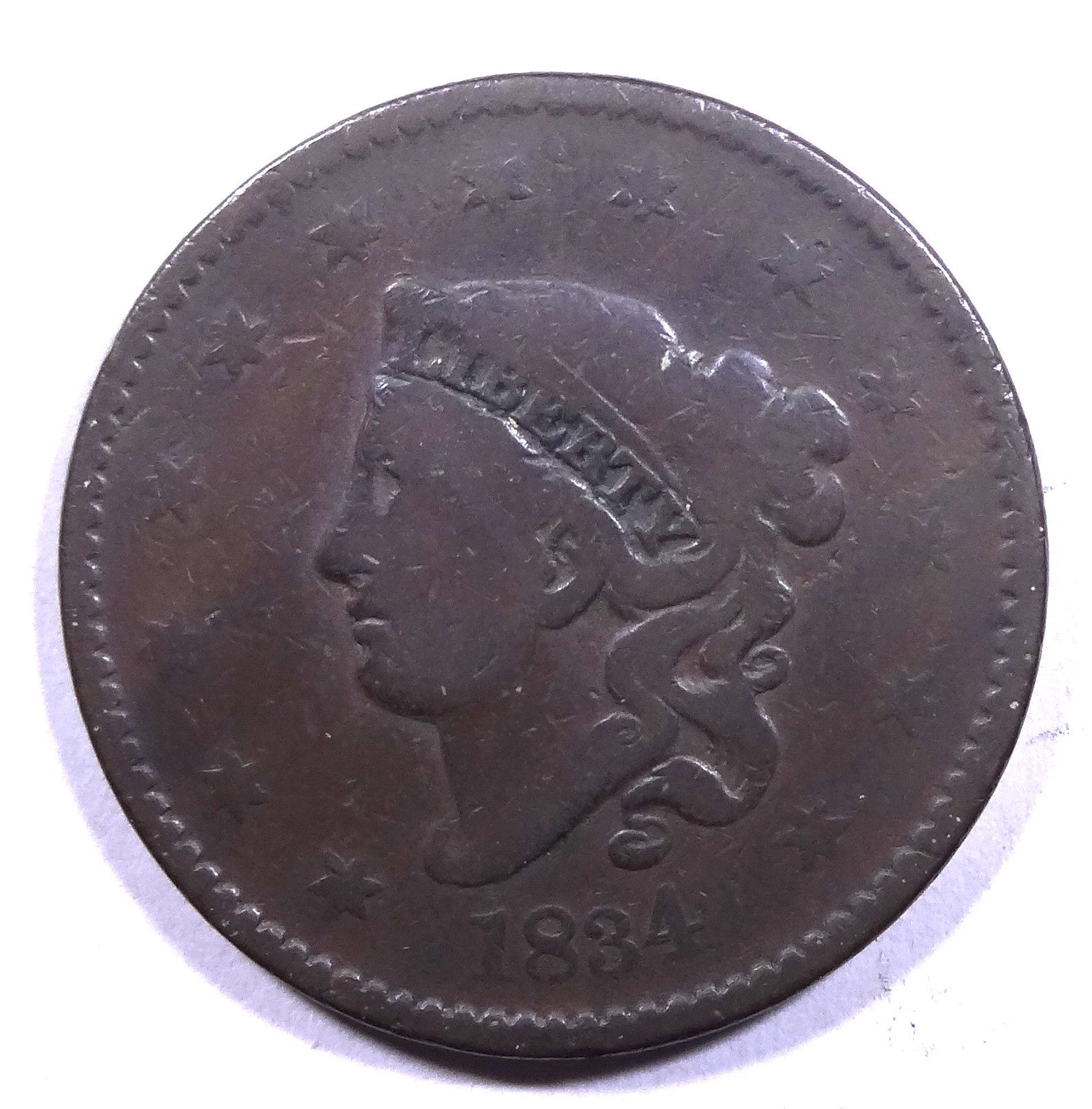 1834 Coronet Head Large Cent; Large 8 - Small Stars - Medium Letters ...