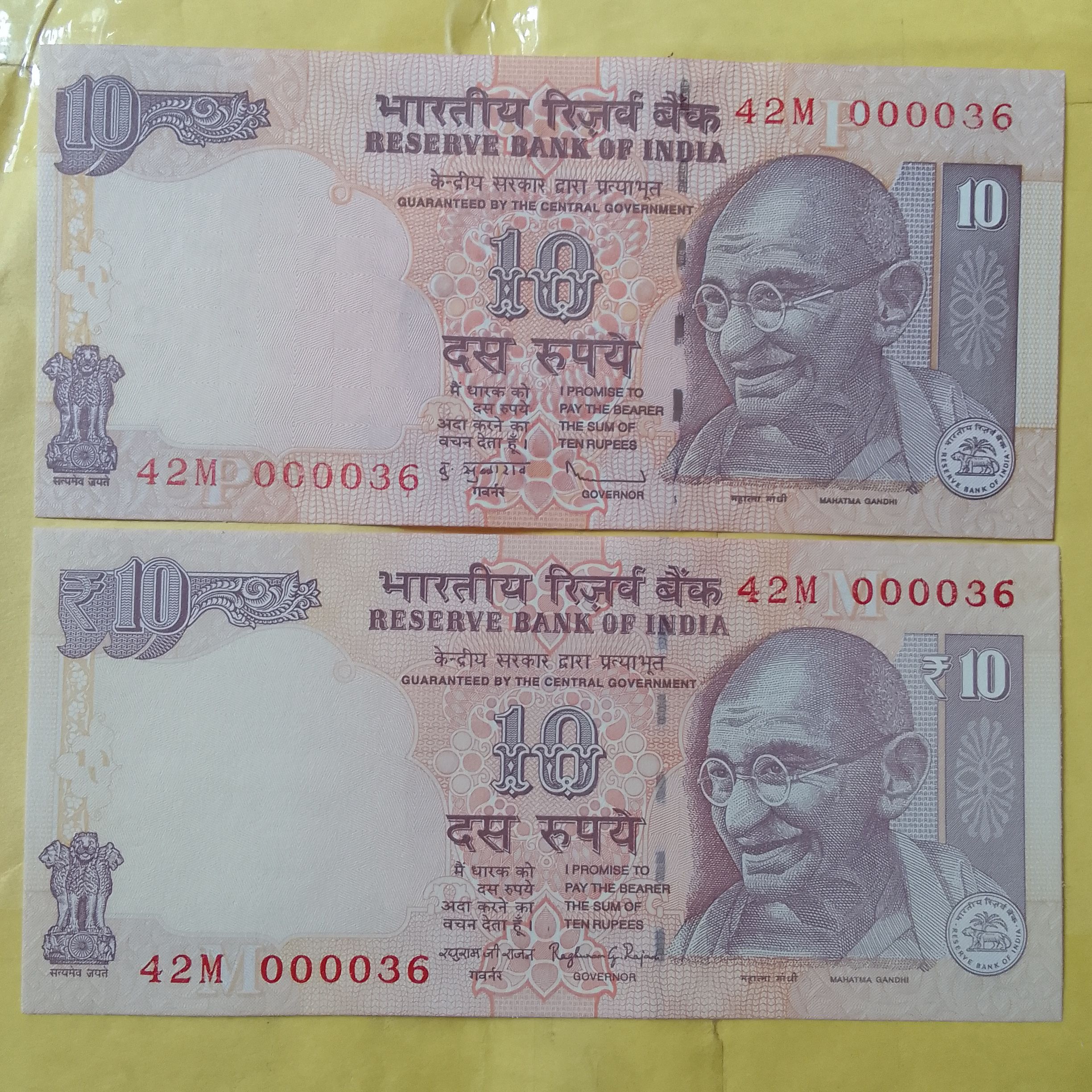 2) 42M 000036 x 2 INDIA 2 DIFFERENT SIGN UNC NOTES.. - For Sale, Buy ...
