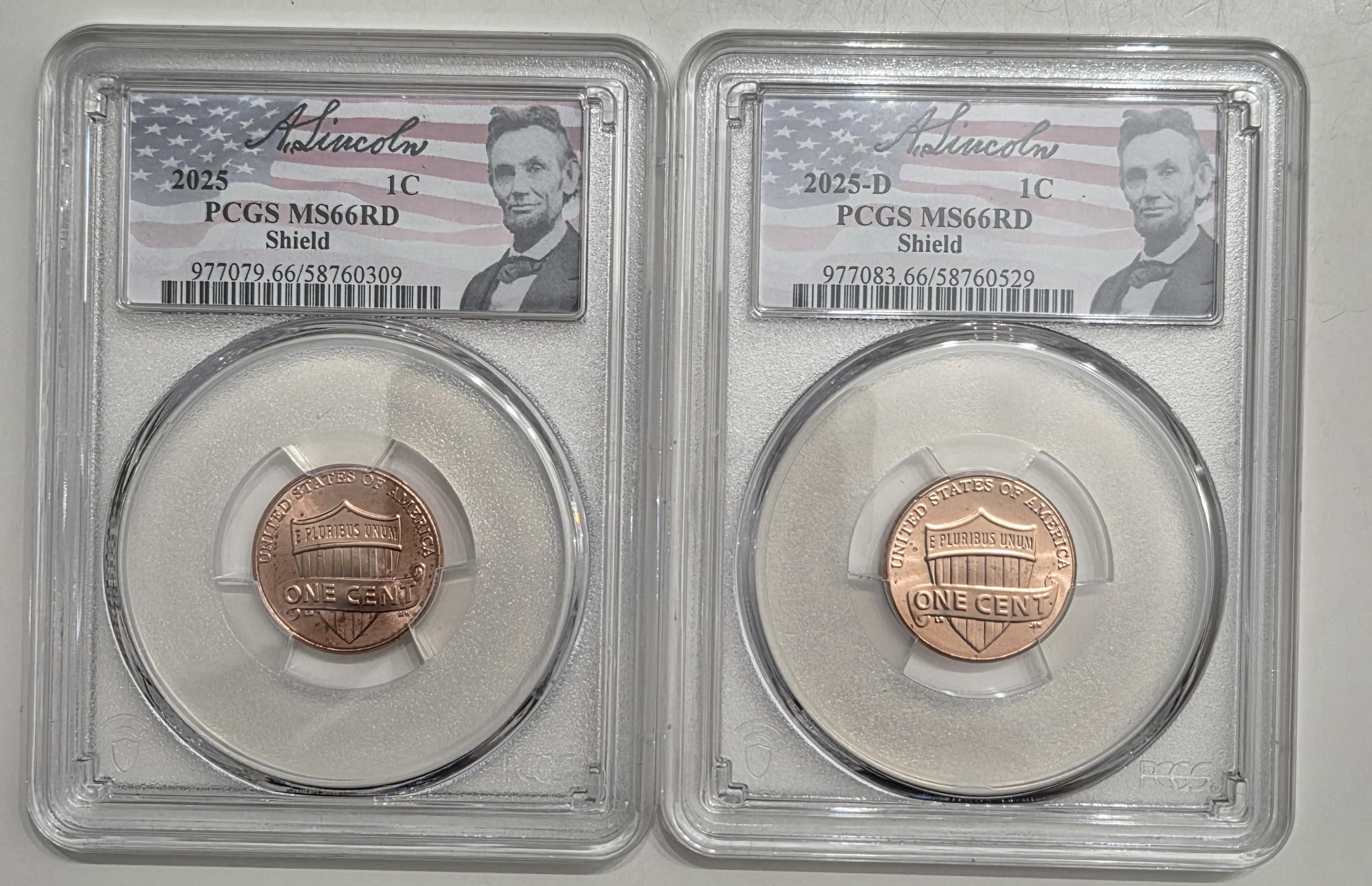 2025 P & D LINCOLN SHIELD CENT PCGS MS66 2-COIN PENNY SET BUSINESS ...