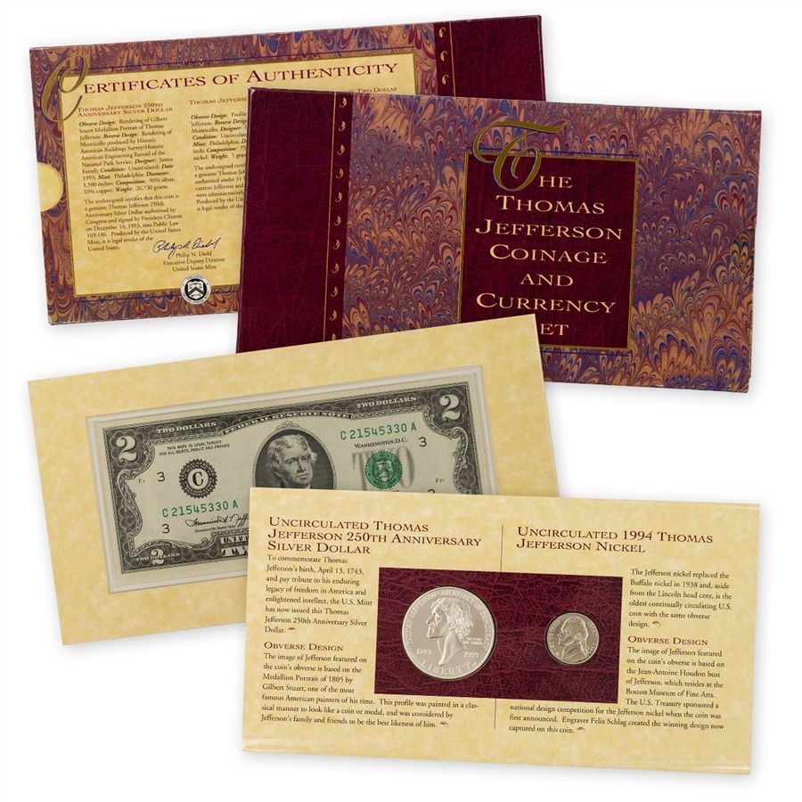 Thomas Jefferson Coinage & Currency Set 250th Anniversary Jefferson ...