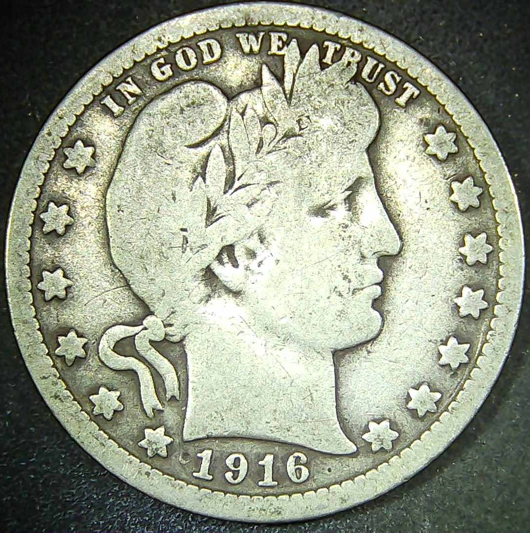 1916 Barber Silver Quarter 90% Silver Liberty Head US Coin Final Year F ...