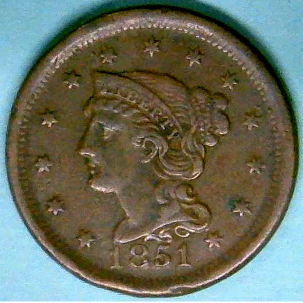 1851 Braided Hair Liberty Head Large Cents : Normal Date V2P16R5 - For ...