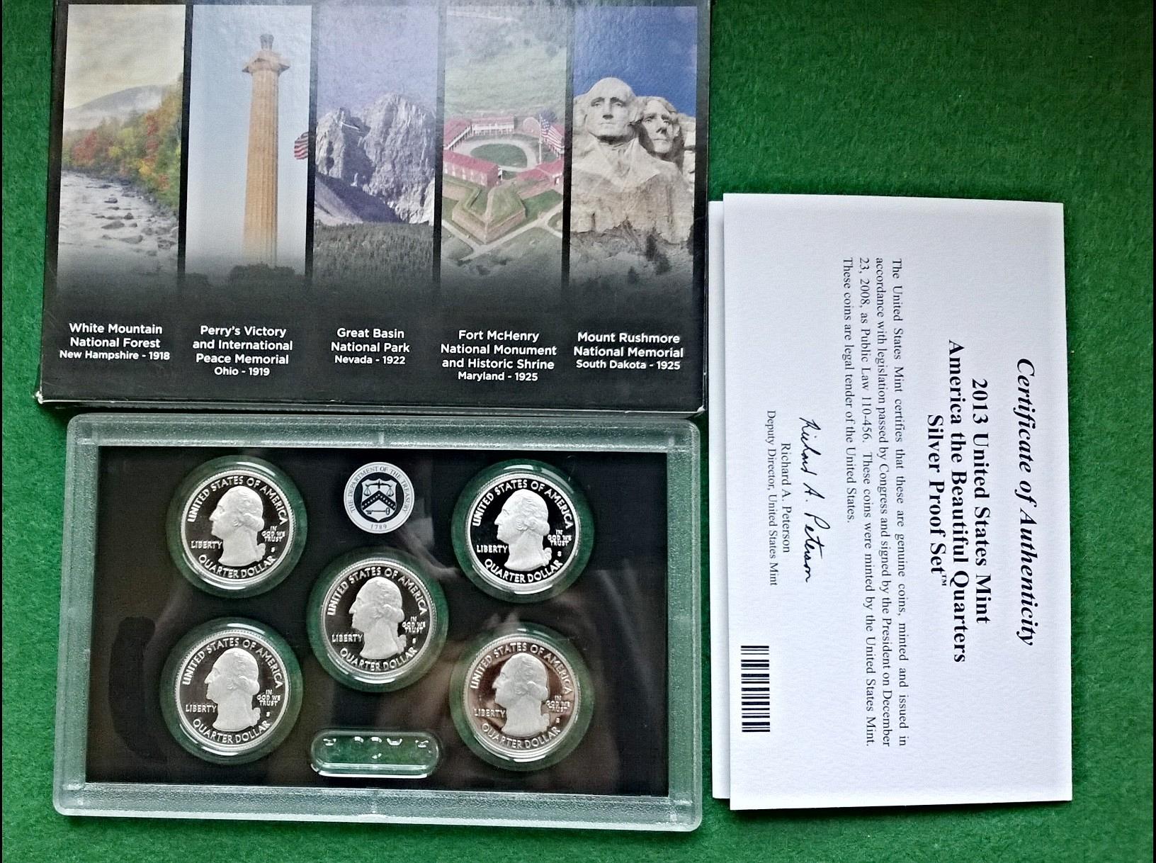 2013 S America the Beautiful Quarters Silver Proof Set - 5 Coins - 10 ...
