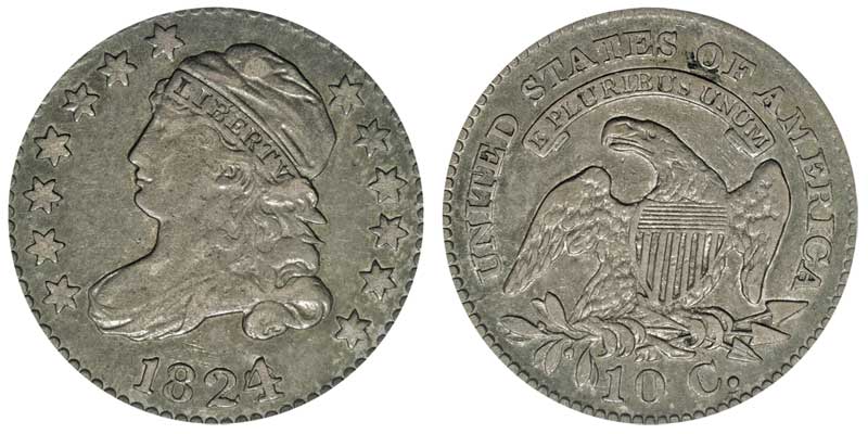 1824 Capped Bust Dime 4 Over 2 - Pointed Top 1 Large Type - Wide Border ...