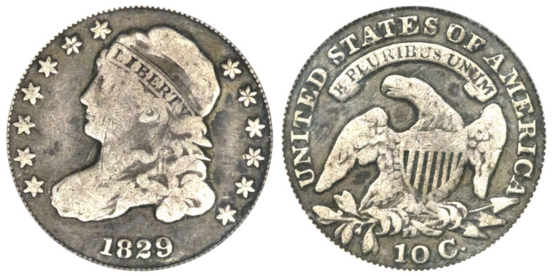 1829 Capped Bust Dime Curl Base 2 Small Type - Reduced Size Coin Value ...