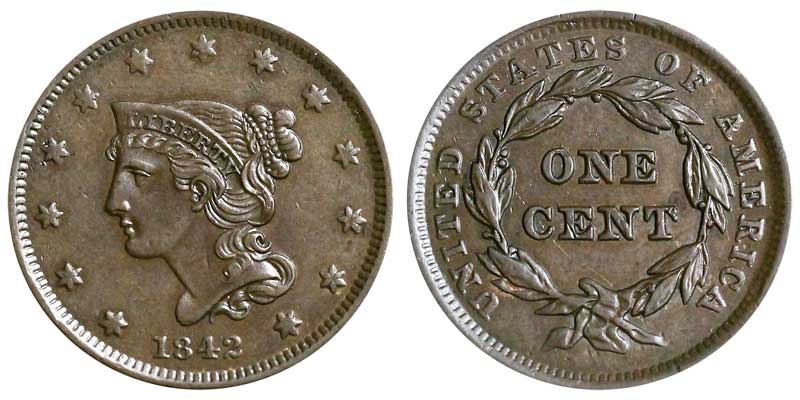 1842 Braided Hair Liberty Head Large Cent Small Date Early Copper Penny ...