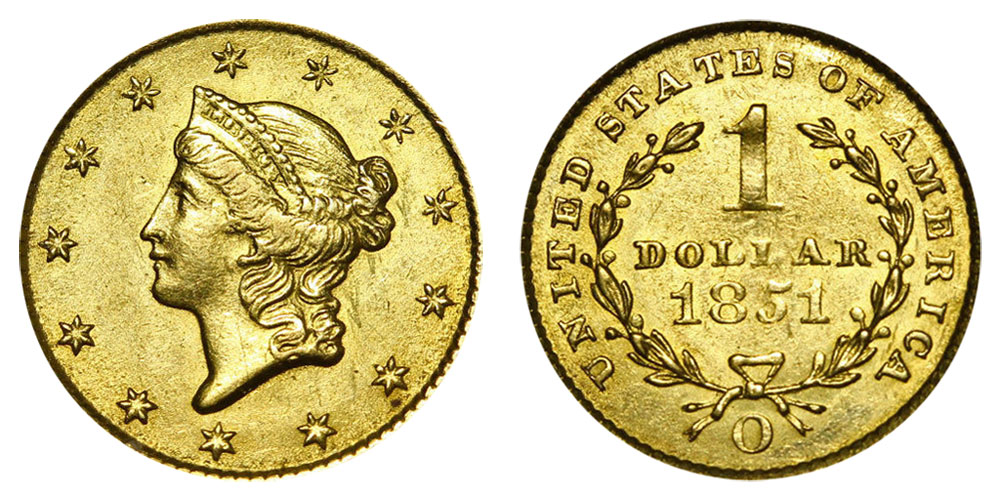 1851 O Liberty Head Gold Dollar Type 1 Early Gold Dollar Coin Value ...