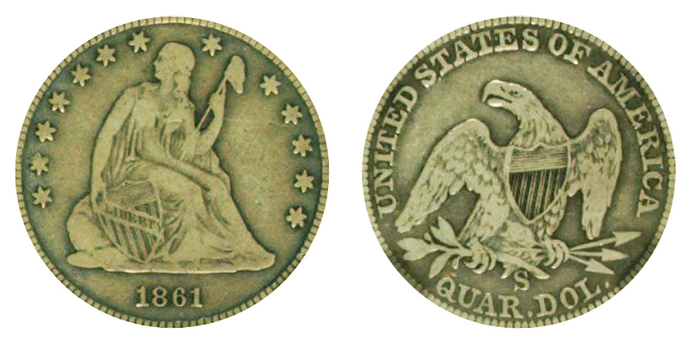 1861 S Seated Liberty Quarter Coin Value Prices, Photos & Info