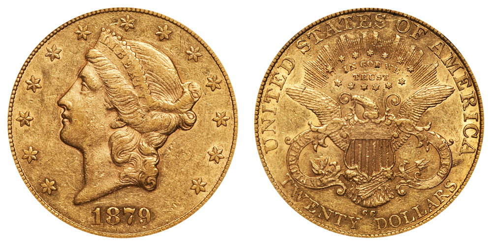 1879 CC Coronet Head Gold $20 Double Eagle Liberty Head - Twenty ...