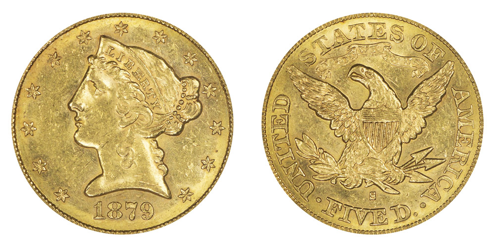 1879 S Coronet Head Gold $5 Half Eagle Type 2 - With Motto - Liberty ...