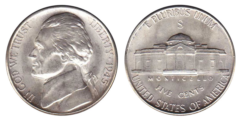 1945 S Jefferson Silver Wartime Nickel Coin Value Prices, Photos & Info