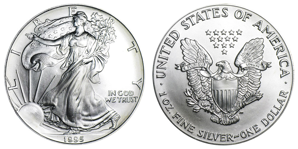 1995 S American Silver Eagle Bullion Coin Bullion (No Mint Mark) Type 1 ...