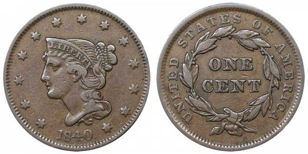 1840 Braided Hair Liberty Head Large Cent Large Date Early Copper Penny ...