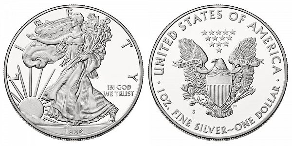 1986 S American Silver Eagle Bullion Coin Proof Type 1 - Reverse of ...